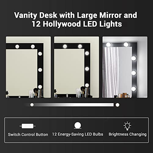 JOYSOURCE Large Vanity Set with 12 Lights Bulbs, Desk Black Makeup Table with Cushioned Stool for Women, Girls, Bedroom