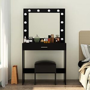 JOYSOURCE Large Vanity Set with 12 Lights Bulbs, Desk Black Makeup Table with Cushioned Stool for Women, Girls, Bedroom