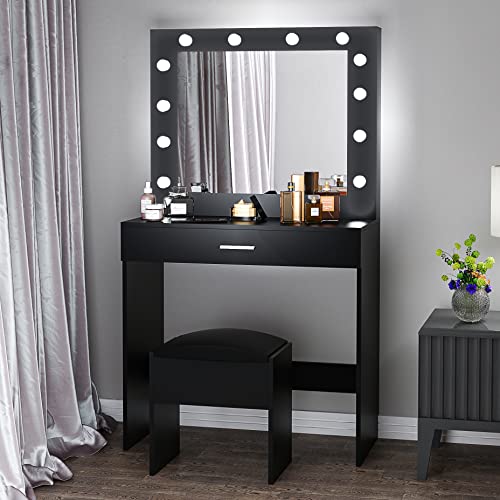 JOYSOURCE Large Vanity Set with 12 Lights Bulbs, Desk Black Makeup Table with Cushioned Stool for Women, Girls, Bedroom