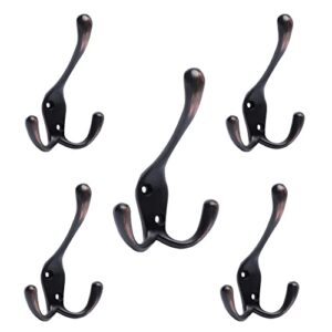 harpoon 5 pack of mounted tri hooks, heavy duty, stainless steel, metal coat hook rail for coat hat towel purse robes mudroom bathroom entryway (oil-rubbed bronze)