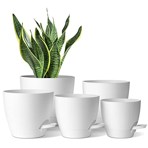 T4U Plastic Plant Pots for Indoor Plants - 7/6.5/6/5.5/5 Inch Self Watering Planter Flower Pot with Drainage Hole White, Nursery Planting Pot for Snake Plant, African Violet and House Plants, 5-Pack