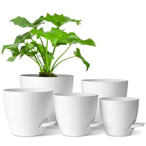 T4U Plastic Plant Pots for Indoor Plants - 7/6.5/6/5.5/5 Inch Self Watering Planter Flower Pot with Drainage Hole White, Nursery Planting Pot for Snake Plant, African Violet and House Plants, 5-Pack