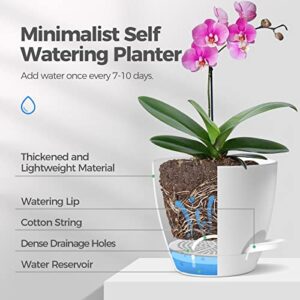 T4U Plastic Plant Pots for Indoor Plants - 7/6.5/6/5.5/5 Inch Self Watering Planter Flower Pot with Drainage Hole White, Nursery Planting Pot for Snake Plant, African Violet and House Plants, 5-Pack