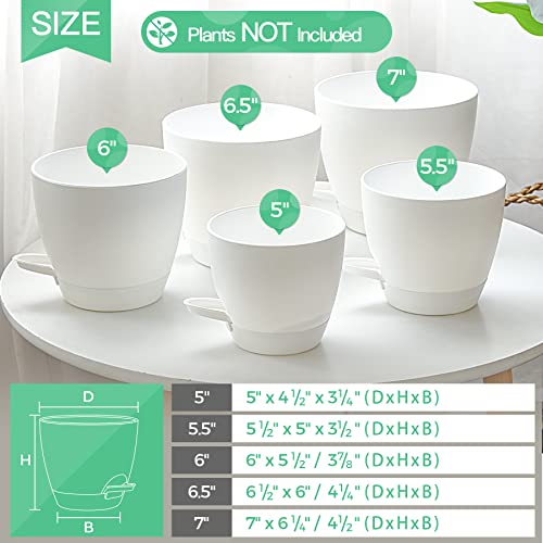 T4U Plastic Plant Pots for Indoor Plants - 7/6.5/6/5.5/5 Inch Self Watering Planter Flower Pot with Drainage Hole White, Nursery Planting Pot for Snake Plant, African Violet and House Plants, 5-Pack