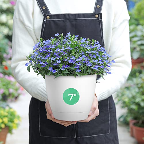 T4U Plastic Plant Pots for Indoor Plants - 7/6.5/6/5.5/5 Inch Self Watering Planter Flower Pot with Drainage Hole White, Nursery Planting Pot for Snake Plant, African Violet and House Plants, 5-Pack