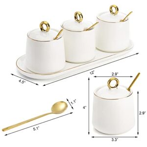 Foraineam Porcelain Sugar Bowl with Lid and Spoon Set of 3, Condiment Jar Coffee Bar Accessories, 8 oz Salt Server Spice Container Seasoning Box with Tray