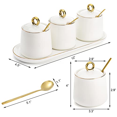 Foraineam Porcelain Sugar Bowl with Lid and Spoon Set of 3, Condiment Jar Coffee Bar Accessories, 8 oz Salt Server Spice Container Seasoning Box with Tray