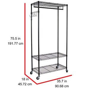 Oceanstar Heavy Duty Rolling Storage Garment Rack with Adjustable Shelves and Hook,Black