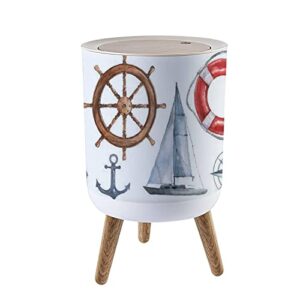 trash can with lid watercolor hand drawn nautical marine with lighthouse lifebuoy anchor press cover small garbage bin round with wooden legs waste basket for bathroom kitchen bedroom 7l/1.8 gallon