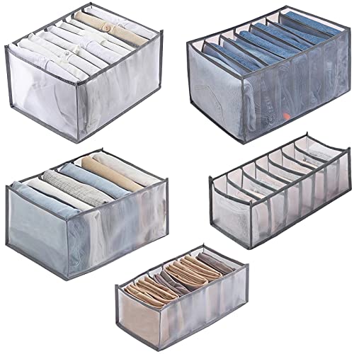 5PCS Washable Wardrobe Clothes Organizer Foldable Closet Organizer Portable Storage Baskets Visible Grid Storage Box for T-shirt,Legging,Skirts,Jeans (Mix, Gray)