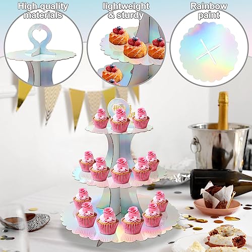 Anjmd 3 Tier Round Rainbow Cupcake Stand Holder Cardboard Mini Dessert Stand Cupcake Tower for 24 Cupcakes Pastry Serving Platter Perfect for Party Baby Shower Birthday Wedding Party Supplies