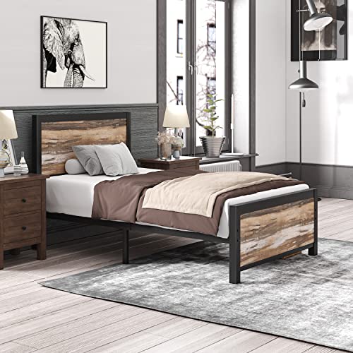 Twin Size Bed Frame with Headboard and Footboard, Farmhouse Twin Metal Platform Bed Frame with Strong Slat Supports Mattress Foundation, No Box Spring Needed, Noise Free, Under Bed Storage, Twin