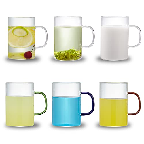 500ml/17 oz Glass Cups with Colored Handle, Clear Coffee Mugs for Latte, Cappuccino, Espresso Coffee, Tea and Hot & Cold Beverages, Mug Set of 6, Refrigerator, Dishwasher & Microwave Safe