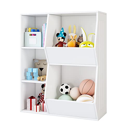 HORSTORS Toy Storage Organizers, Kids Bookcase and Bookshelf, Open Muti-Bins Toy Storage Display Cabinet for Girls & Boys Bedroom, Playroom, Nursery, Classroom, White