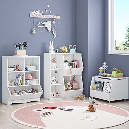 HORSTORS Toy Storage Organizers, Kids Bookcase and Bookshelf, Open Muti-Bins Toy Storage Display Cabinet for Girls & Boys Bedroom, Playroom, Nursery, Classroom, White