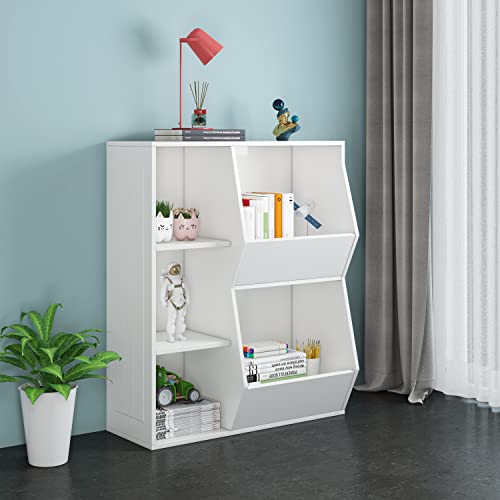 HORSTORS Toy Storage Organizers, Kids Bookcase and Bookshelf, Open Muti-Bins Toy Storage Display Cabinet for Girls & Boys Bedroom, Playroom, Nursery, Classroom, White