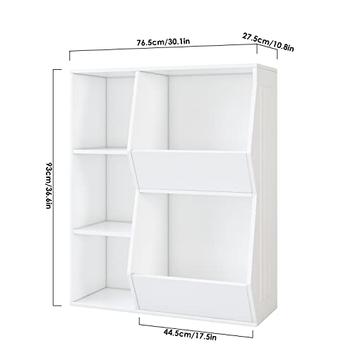 HORSTORS Toy Storage Organizers, Kids Bookcase and Bookshelf, Open Muti-Bins Toy Storage Display Cabinet for Girls & Boys Bedroom, Playroom, Nursery, Classroom, White