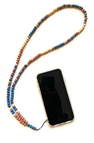 Wooden beaded phone chain lanyard gift for women stocking stuffer (Blue with Universal Tab)