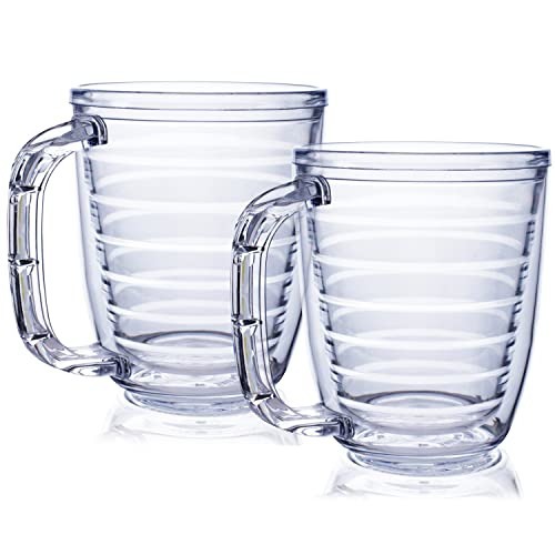 Clear Coffee Mugs set of 2, Unbreakable, Microwave, Freezer, Top-Rack Dishwasher Safe, 12 oz Plastic Tumblers w/ Handle, Mocha Latte Tea & Water Clear Drinking Cups look like Glass Made in USA