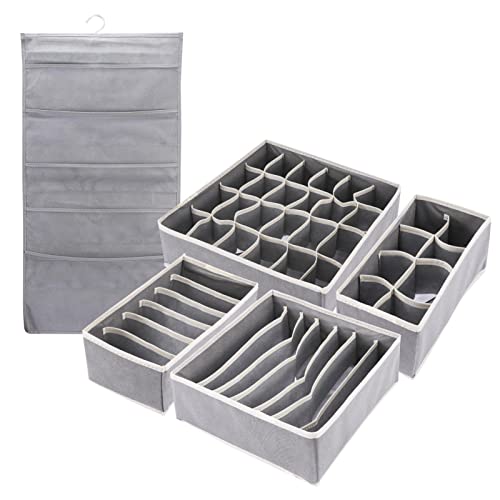 5pcs Underwear Drawer Organizers Divider Foldable Cabinet Closet Hanging Bag, Wardrobe Storage Box for Clothes, Socks, Ties, Belts(Grey)