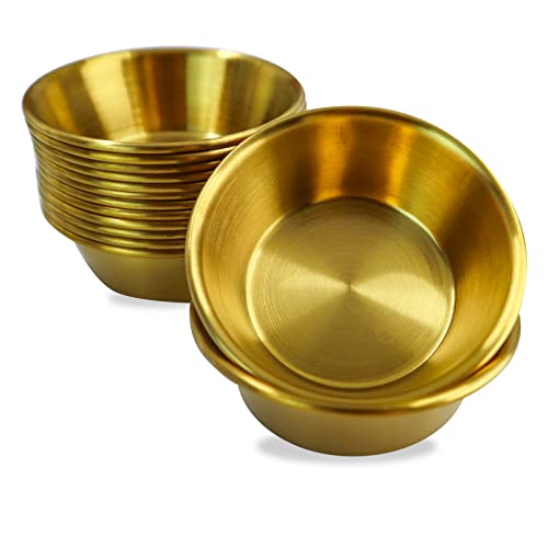 14Pcs Mini Stainless Steel Seasoning Dishes, 2.3oz Dipping Sauce Bowls, Sushi Dipping Dishes, for Individual Serving Condiments, Meal Prep, Snack, Soy Dip (Gold)