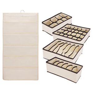 5pcs underwear drawer organizers divider foldable cabinet closet hanging bag, wardrobe storage box for clothes, socks, ties, belts(beige)