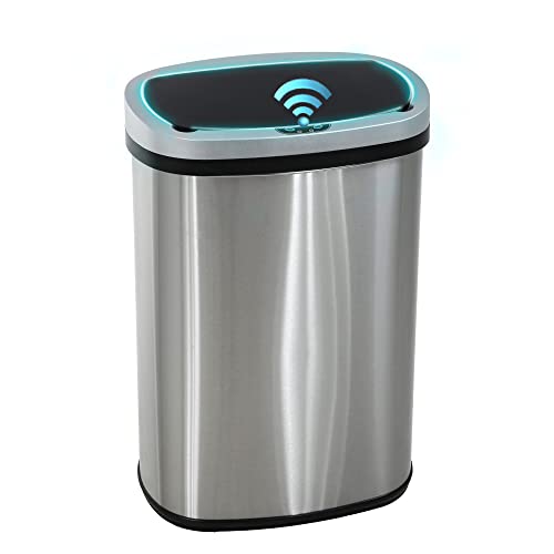 PayLessHere 13 Gallon / 50 Liter Trash Can Stainless Steel Touchless Trash Bin Oval Shape Office Waste Bin for Kitchen Bathroom Bedroom Living Room with Lid Powered by Batteries (not Included)