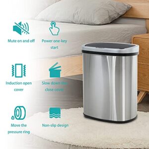 PayLessHere 13 Gallon / 50 Liter Trash Can Stainless Steel Touchless Trash Bin Oval Shape Office Waste Bin for Kitchen Bathroom Bedroom Living Room with Lid Powered by Batteries (not Included)