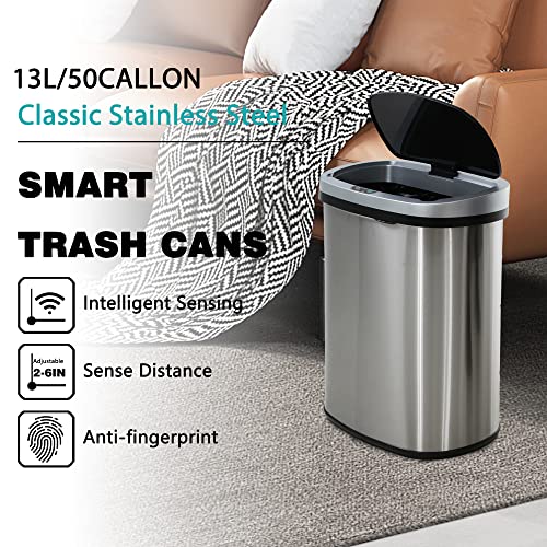 PayLessHere 13 Gallon / 50 Liter Trash Can Stainless Steel Touchless Trash Bin Oval Shape Office Waste Bin for Kitchen Bathroom Bedroom Living Room with Lid Powered by Batteries (not Included)