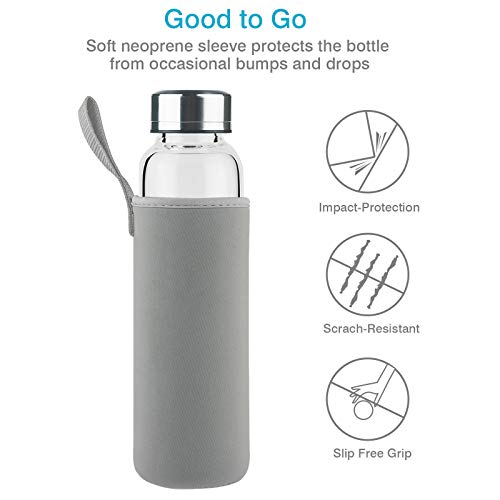 Borosilicate glass water bottle with Leak Proof Lid and Protective Neoprene Sleeve 32oz / 16oz (Green Leaves, 16oz)