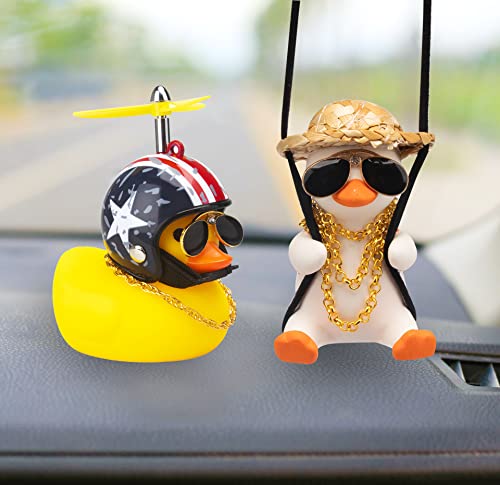 wonuu Rubber Duck Toy Car Ornaments and Rubber Duck Car Ornaments, Funny Shake Duck Car Pendant Yellow Duck Car Dashboard Decorations with Propeller Helmet for Car Interior Decors (Rich&American Flag)