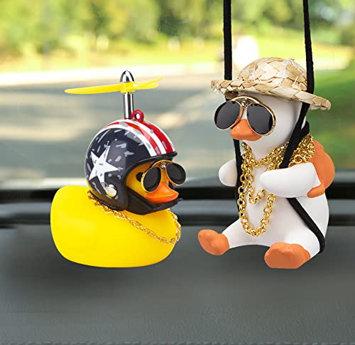 wonuu Rubber Duck Toy Car Ornaments and Rubber Duck Car Ornaments, Funny Shake Duck Car Pendant Yellow Duck Car Dashboard Decorations with Propeller Helmet for Car Interior Decors (Rich&American Flag)