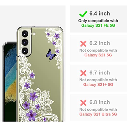 White Lace Case for Samsung Galaxy S21 FE 5G,Butterfly Floral Flower Pattern for Women Girl Glitter Clear Ultra Slim Soft Silicone TPU Protective Cover Compatible for Samsung Galaxy S21 FE 6.4INCH