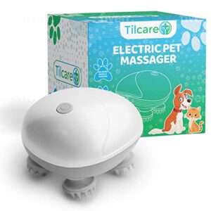 tilcare handheld pet massager for dogs and cats electric cat and dog massage tool - head and back scratcher for relieving tension, tight muscles and stiffness with four rotating massage heads