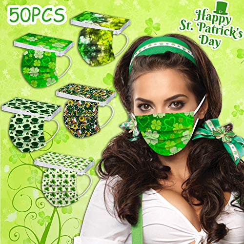 Hozxclle 50pcs St. Patrick's Day Disposable Face_Masks for Adult, Four Leaf Clover Print 3-Ply Safety Fabric with Elastic Earloops, Green, 50 Count (Pack of 1)