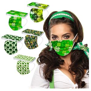 Hozxclle 50pcs St. Patrick's Day Disposable Face_Masks for Adult, Four Leaf Clover Print 3-Ply Safety Fabric with Elastic Earloops, Green, 50 Count (Pack of 1)