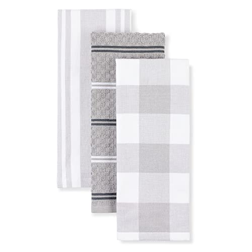 KitchenAid Stripe Gingham Dual Polyester Cotton Rectangle Kitchen Towel 3-Pack Set, Matte Grey, 16"x28"