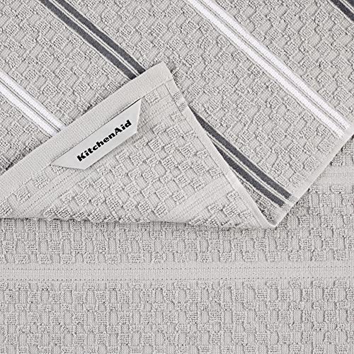 KitchenAid Stripe Gingham Dual Polyester Cotton Rectangle Kitchen Towel 3-Pack Set, Matte Grey, 16"x28"