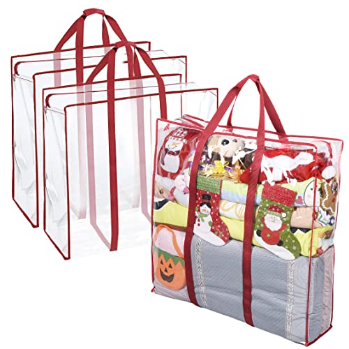 ProPik Clear Storage Bag Gift Wrap Clothes Organizer Big Zippered Christmas Decorations Storage Vinyl Bag for Under Bed Moving Bedding Linen Pillow Blanket Cloth Bag Reinforced Handles (Red, 3)