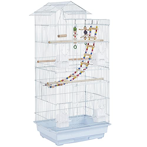 Topeakmart 39inch Height Roof Top Bird Cage Medium Metal Parakeet Cage with Swing & Ladder, White