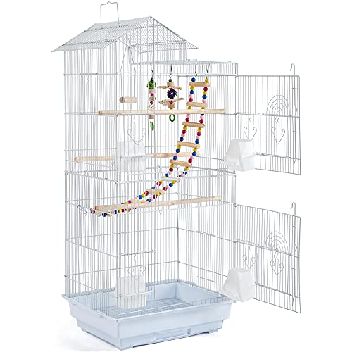 Topeakmart 39inch Height Roof Top Bird Cage Medium Metal Parakeet Cage with Swing & Ladder, White