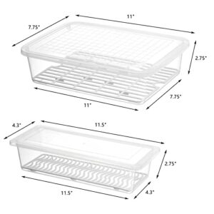 Frcctre Set of 5 Fridge Produce Saver Food Storage Containers Stackable Refrigerator Organizer Bins with Removable Drain Plate and Lid to Keep Produce Fruits Vegetables Meat Egg Fish, 2 Sizes