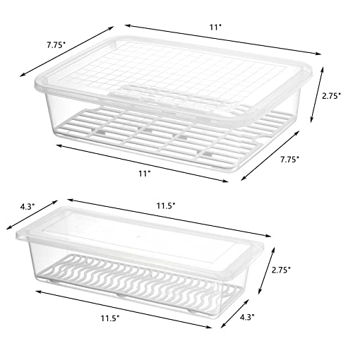 Frcctre Set of 5 Fridge Produce Saver Food Storage Containers Stackable Refrigerator Organizer Bins with Removable Drain Plate and Lid to Keep Produce Fruits Vegetables Meat Egg Fish, 2 Sizes