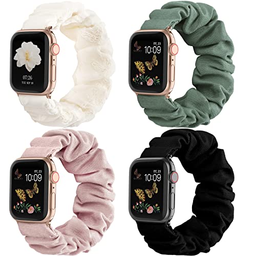 Recoppa Compatible for Apple Watch Band Scrunchie 38mm 40mm 41mm 42mm 44mm 45mm Cute Printed Elastic Solo Loop Bands Women Bracelet Strap for iWatch Series 9 8 7 6 5 4 3 2 1 SE, 4 Packs