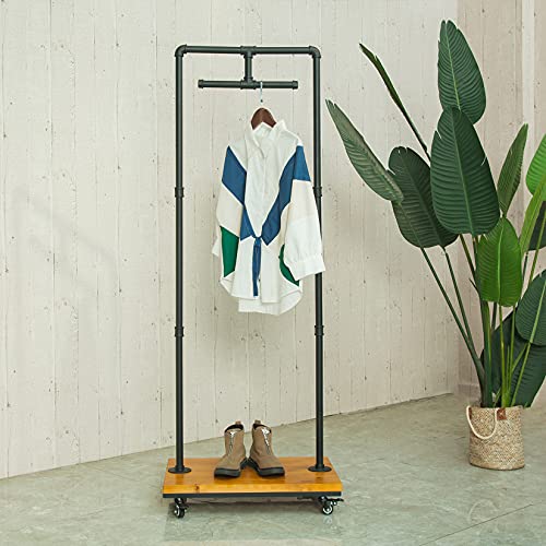 Ethemiable Industrial Pipe and Wood Rolling Clothing Retail Store Display Stands, Entrance Porch Organization Hanging Garment Rack,Wall Mounted Storage Clothes Towel Shoe Bag Pipe Shelf (Black)