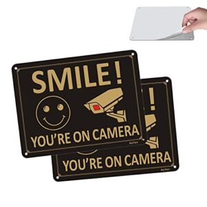 ayifan 2 pack smile your on camera signs sticker for car video surveillance signs 8" x 6" reflective aluminum metal with self-adhesive small door sign for window yard lawn black gold outdoor indoor