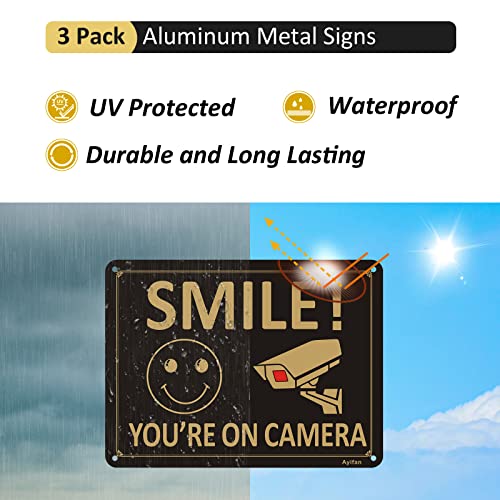 Ayifan 2 Pack Smile Your on Camera signs Sticker for Car Video Surveillance Signs 8" x 6" Reflective Aluminum Metal with Self-Adhesive Small Door Sign for Window Yard Lawn Black Gold Outdoor Indoor