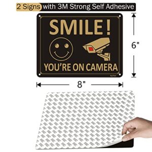 Ayifan 2 Pack Smile Your on Camera signs Sticker for Car Video Surveillance Signs 8" x 6" Reflective Aluminum Metal with Self-Adhesive Small Door Sign for Window Yard Lawn Black Gold Outdoor Indoor