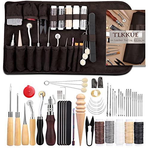 TLKKUE Leather Working Tools Leather Sewing Kit Leather Craft Tools with Storage Bag, Groover, Stitch Wheel, Waxed Threads, Awl, Needles, Manual, Leather Making Kit for DIY Sewing Craft Projects