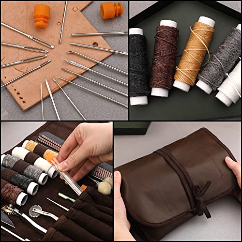 TLKKUE Leather Working Tools Leather Sewing Kit Leather Craft Tools with Storage Bag, Groover, Stitch Wheel, Waxed Threads, Awl, Needles, Manual, Leather Making Kit for DIY Sewing Craft Projects